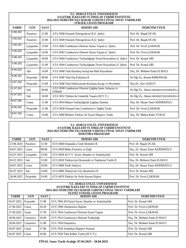 2024 2025 Bahar Final Butunleme Tarihleri | PDF