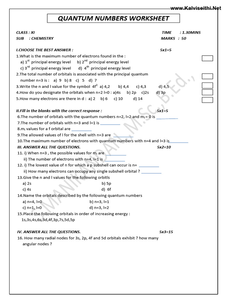 Quantum Numders Worksheet - 11th - PDF | PDF | Atomic Orbital | Atomic Physics