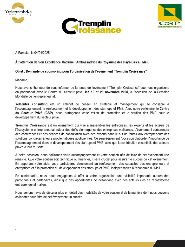 Demande de sponsoring pour Tremplin Croissance | PDF | Entrepreneuriat ...