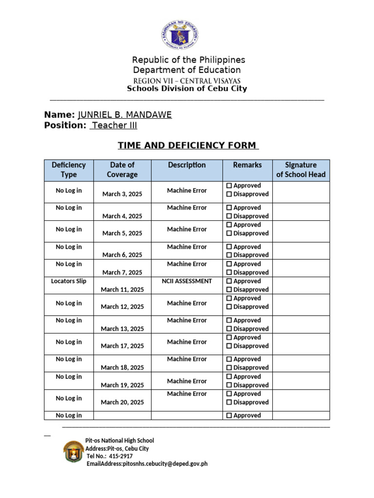 Teacher Deficiency Report Form | PDF