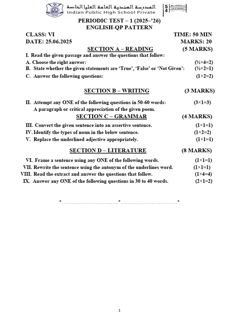 Eng Pt1 QP Pattern Grade Vi 2025-26 | PDF