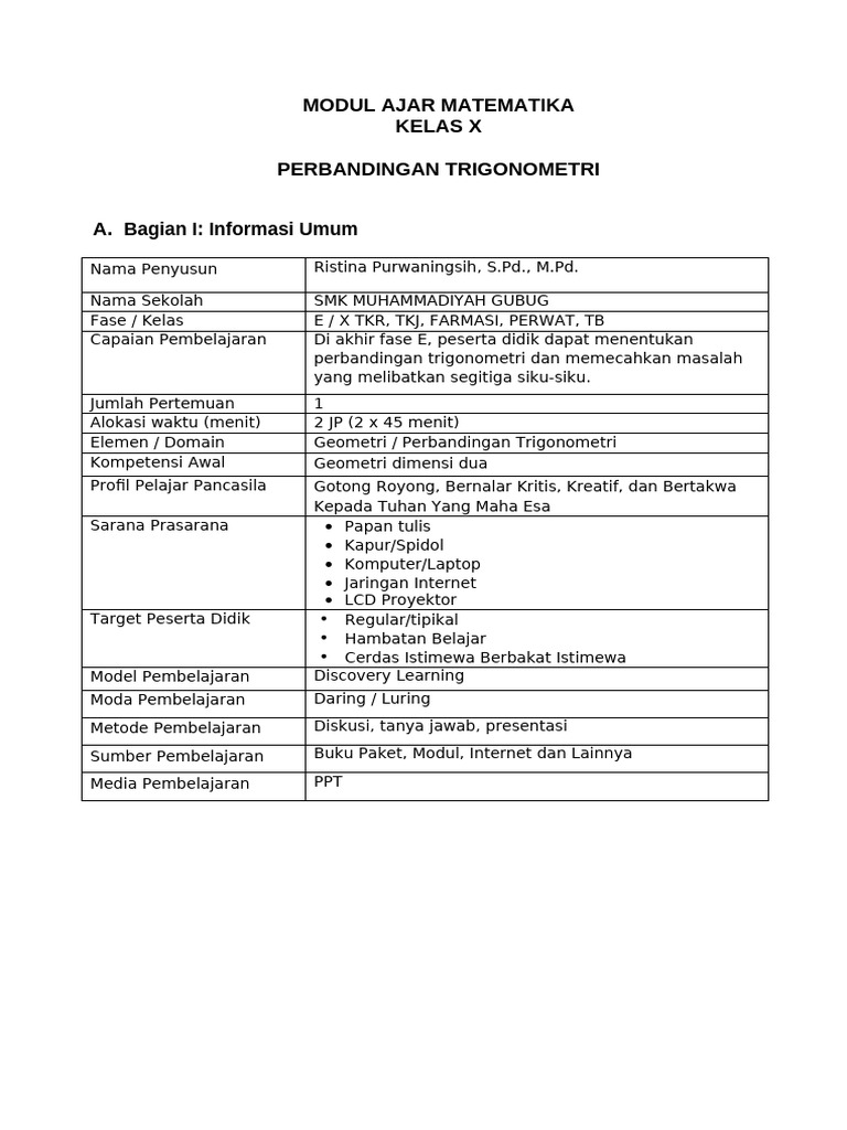 Modul Ajar MTK X Trigonometri | PDF