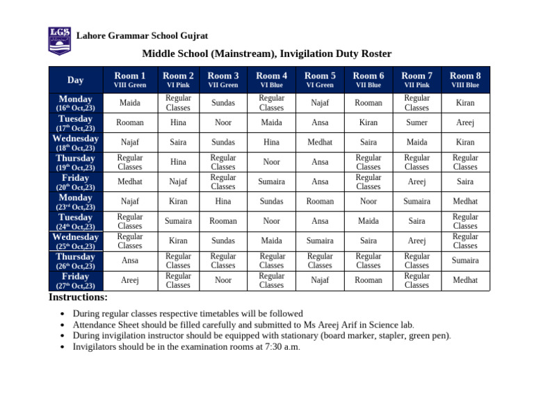 Middle School Invigilation Duty Roster | PDF
