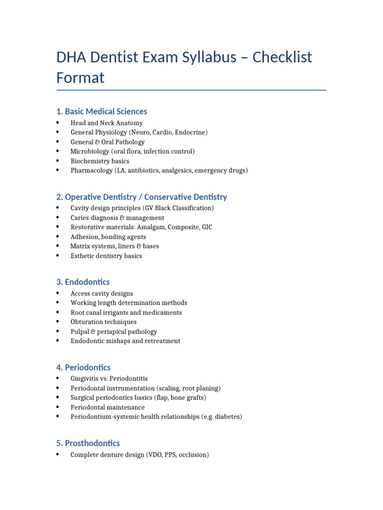 DHA Dentist Syllabus Checklist | PDF | Dentistry | Periodontology
