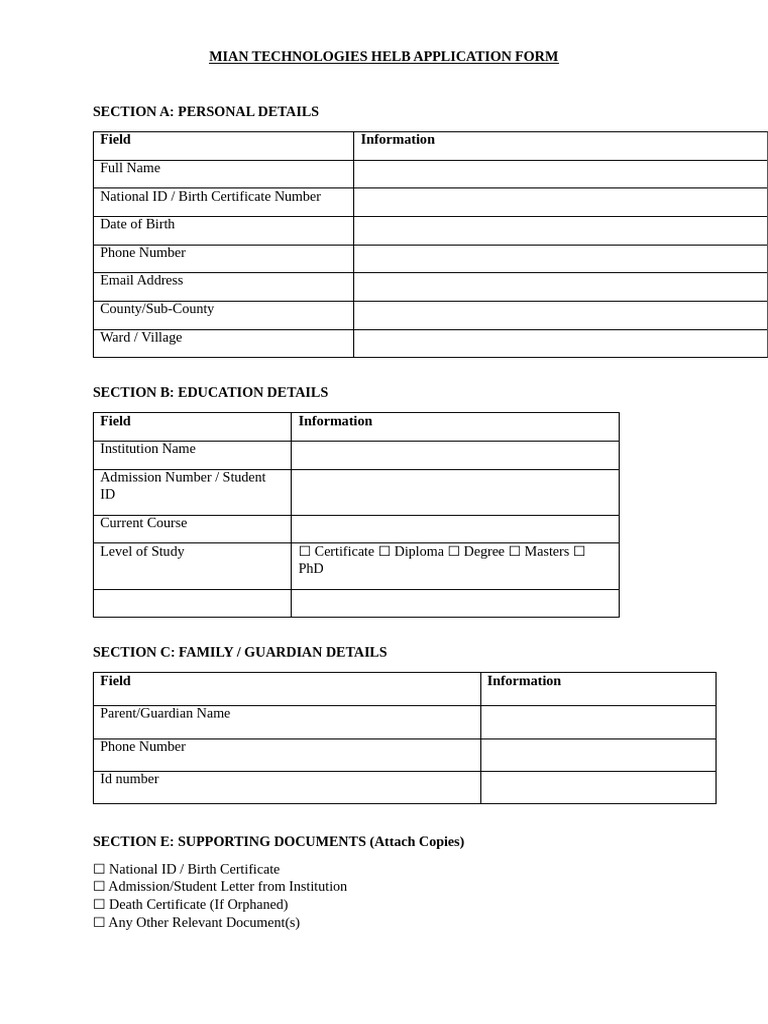 Mian Technologies Helb Application Form | PDF
