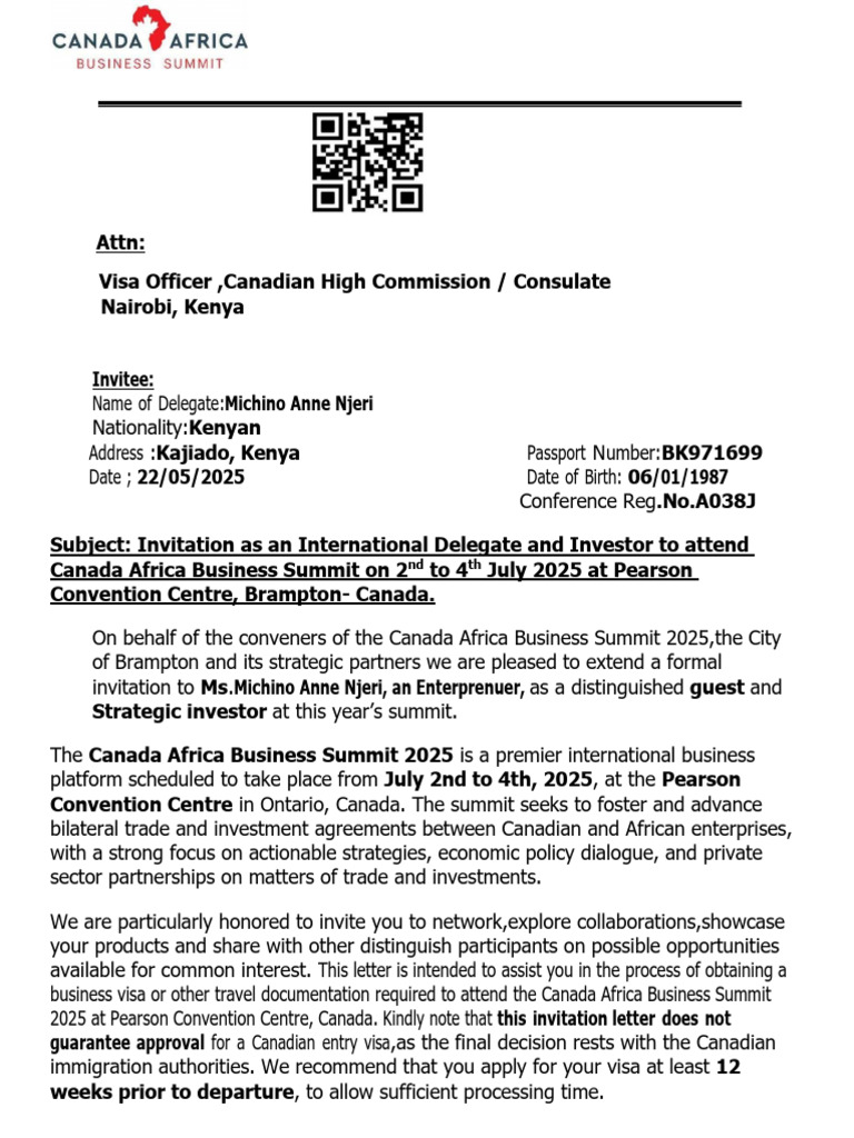 Anne Njeri Invitation Letter | PDF | Travel Visa | Business