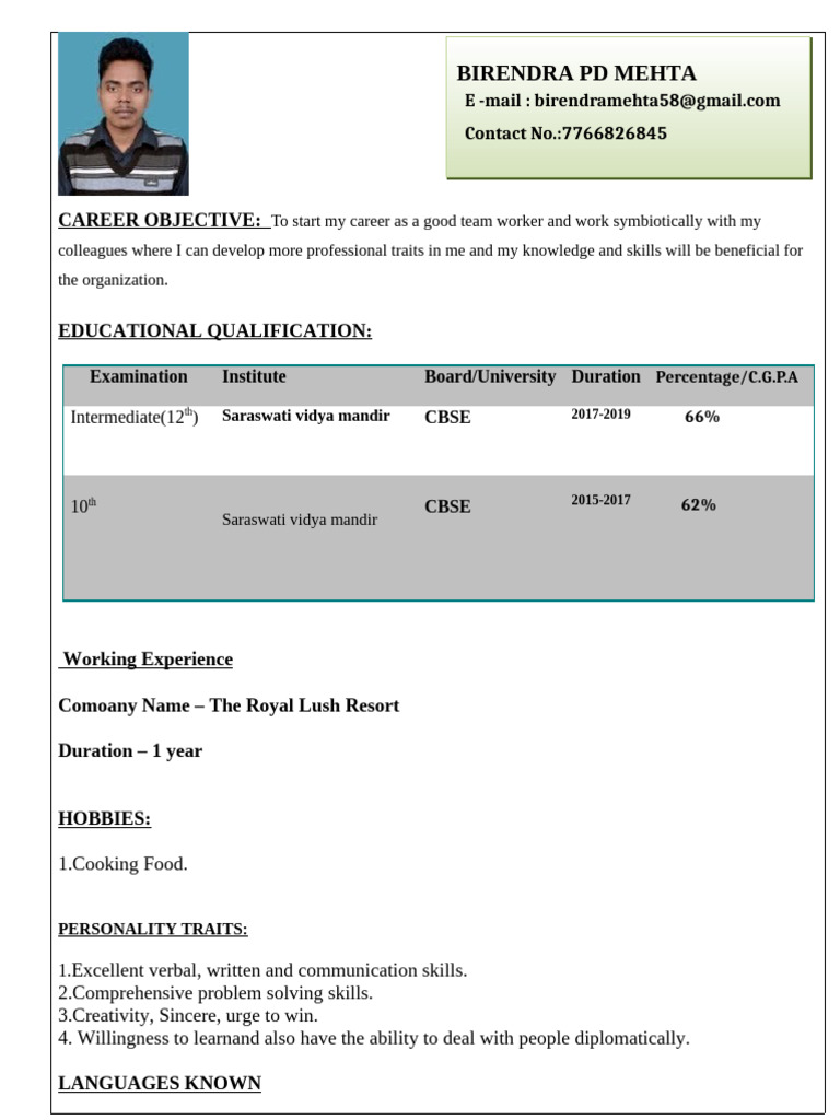 Birendra 12th Resume | PDF