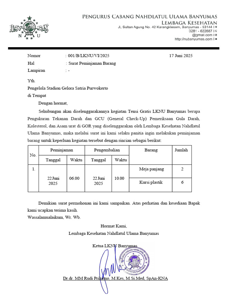 Surat Peminjaman Barang - LKNU Banyumas Fix | PDF