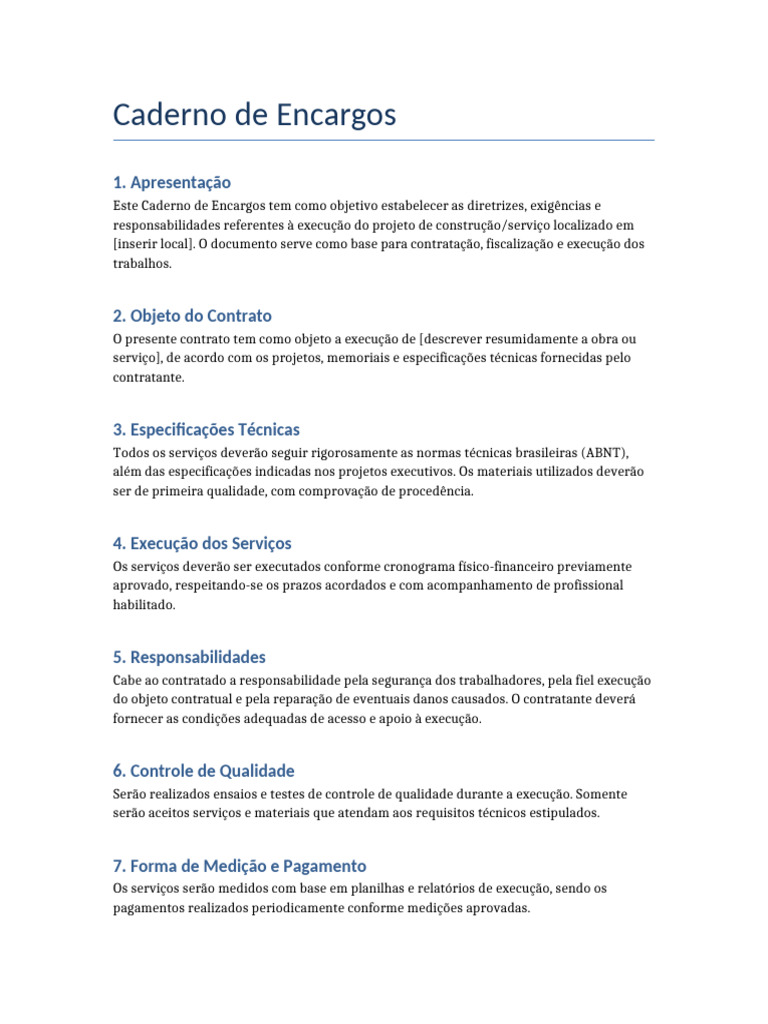 Caderno de Encargos para Construção | PDF