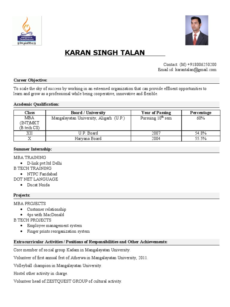 Karan Singh Talan - MBA Candidate Resume | PDF | Career & Growth