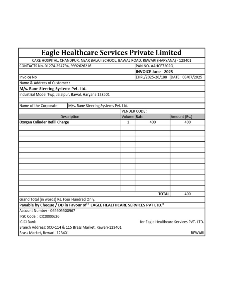 Invoice for Oxygen Cylinder Refill | PDF