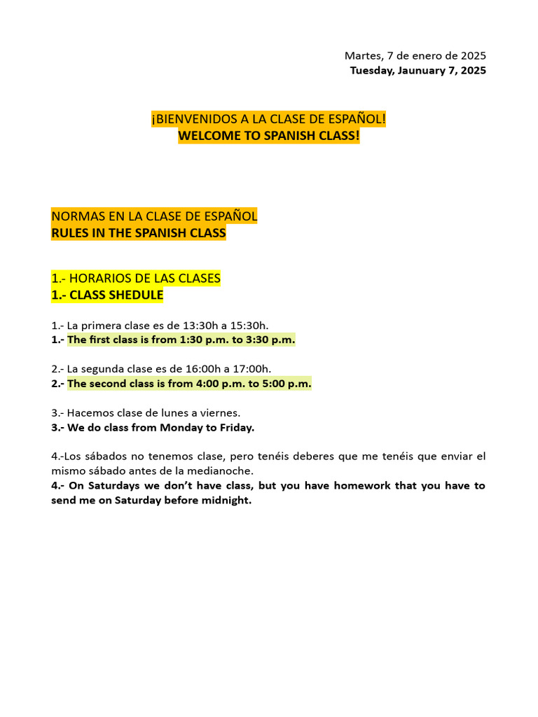 Instrucciones para Las Clases de Español. 2025. | PDF