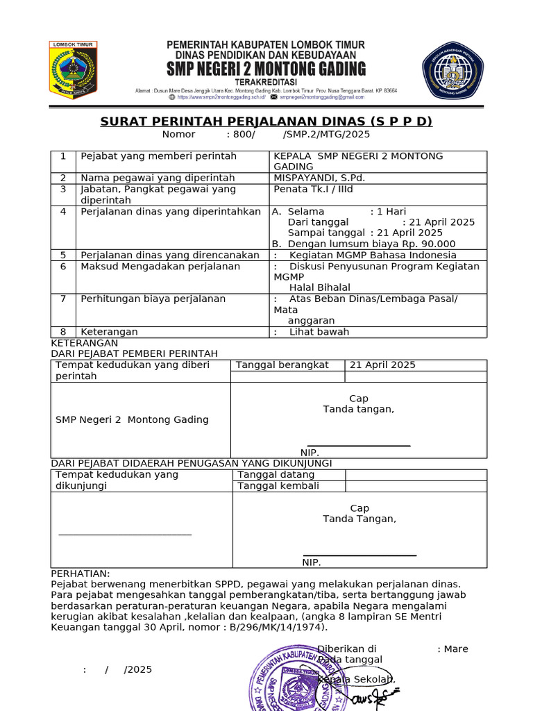 Surat Perintah Perjalanan Dinas 2025 | PDF
