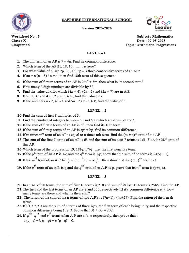 WS X CH5 Arithmetic Progressions | PDF | Mathematics | Arithmetic