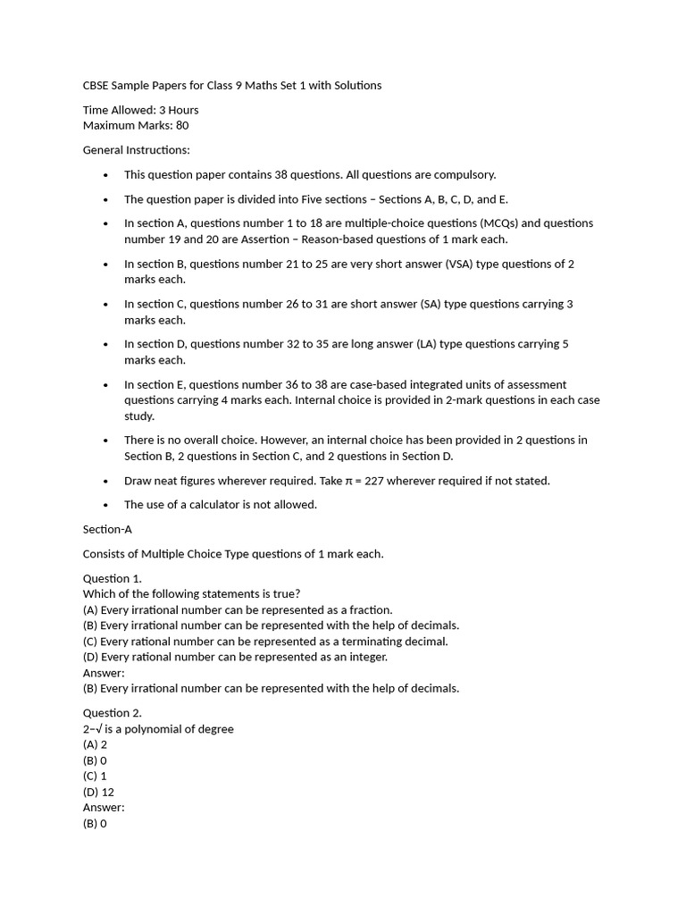 CBSE Sample Papers For Class 9 Maths Set 1 With Solutions | PDF | Rectangle | Perpendicular