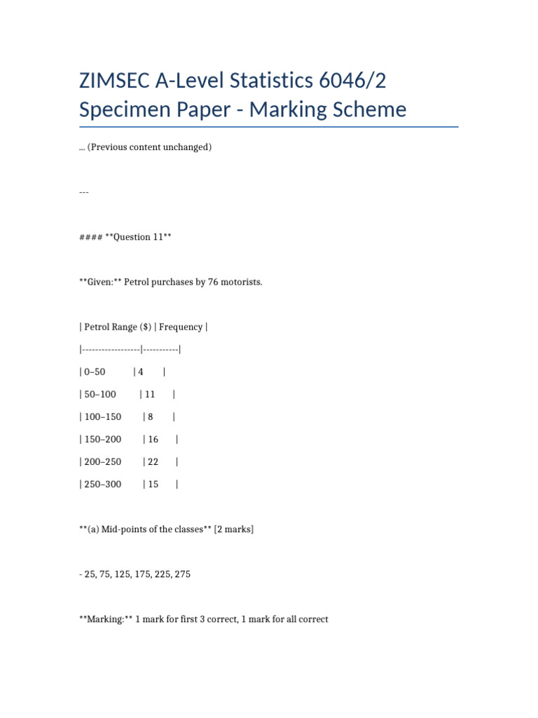 ZIMSEC A-Level Statistics Marking Scheme | PDF