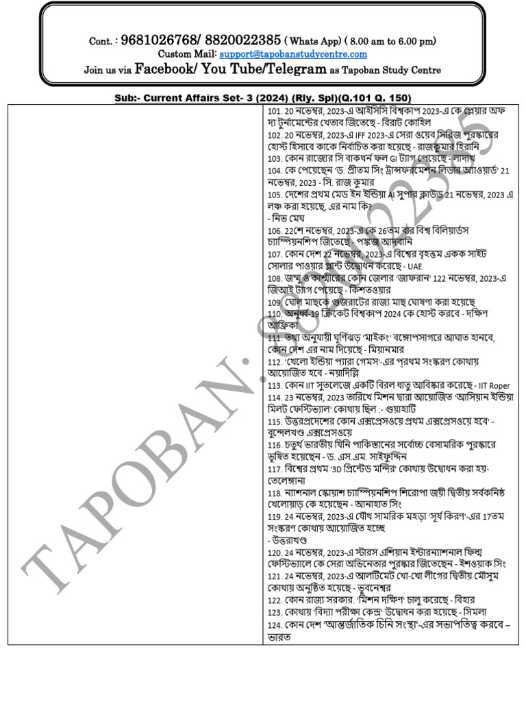 Current Affairs Set - 3 Q. 101 To Q151 | PDF