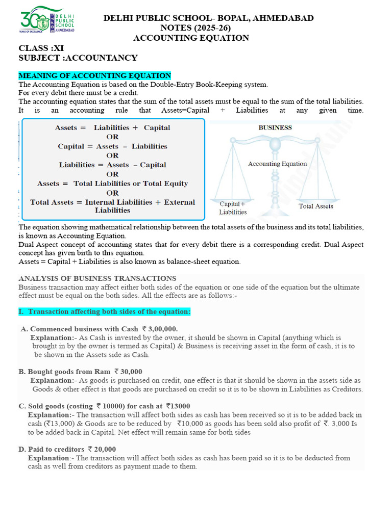 Accounting Equation Notes for Class XI | PDF | Debits And Credits | Expense