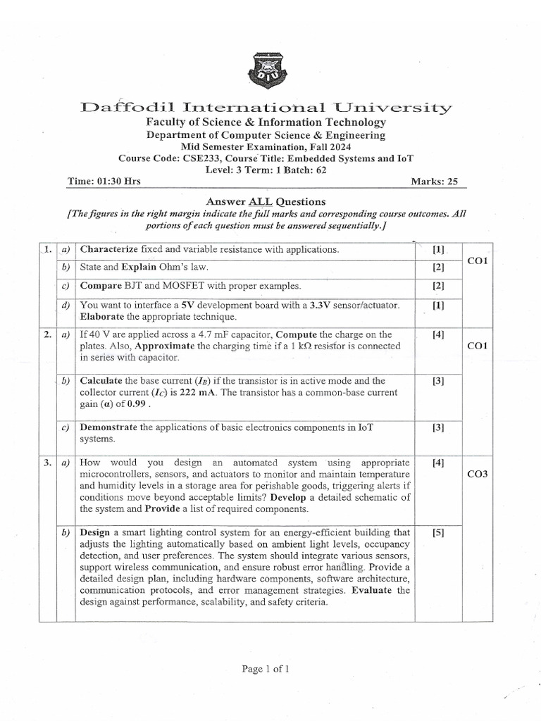 (Diuqbank - Com) Embedded Systems and IoT - Fall 24 - Mid | PDF