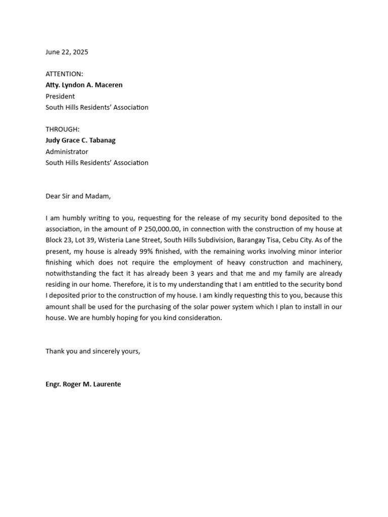 Letter For Security Bond | PDF