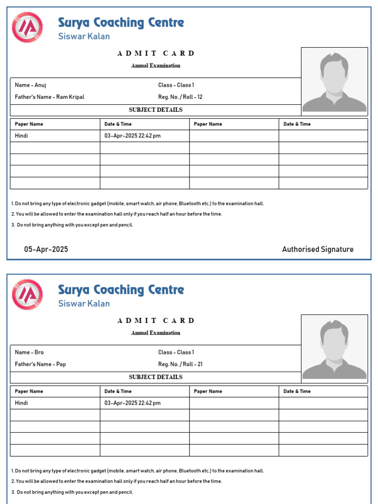 Class Class 1 AdmitCard | PDF