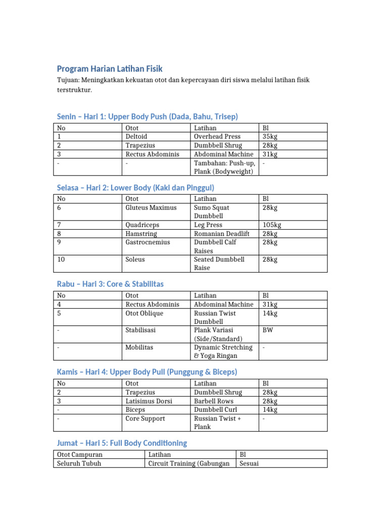 Program Harian Latihan Fisik | PDF