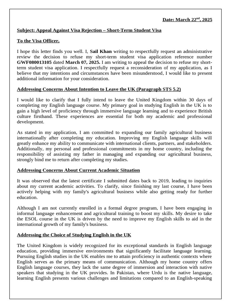Appeal For Study Visa Refusal | PDF | English As A Second Or Foreign ...