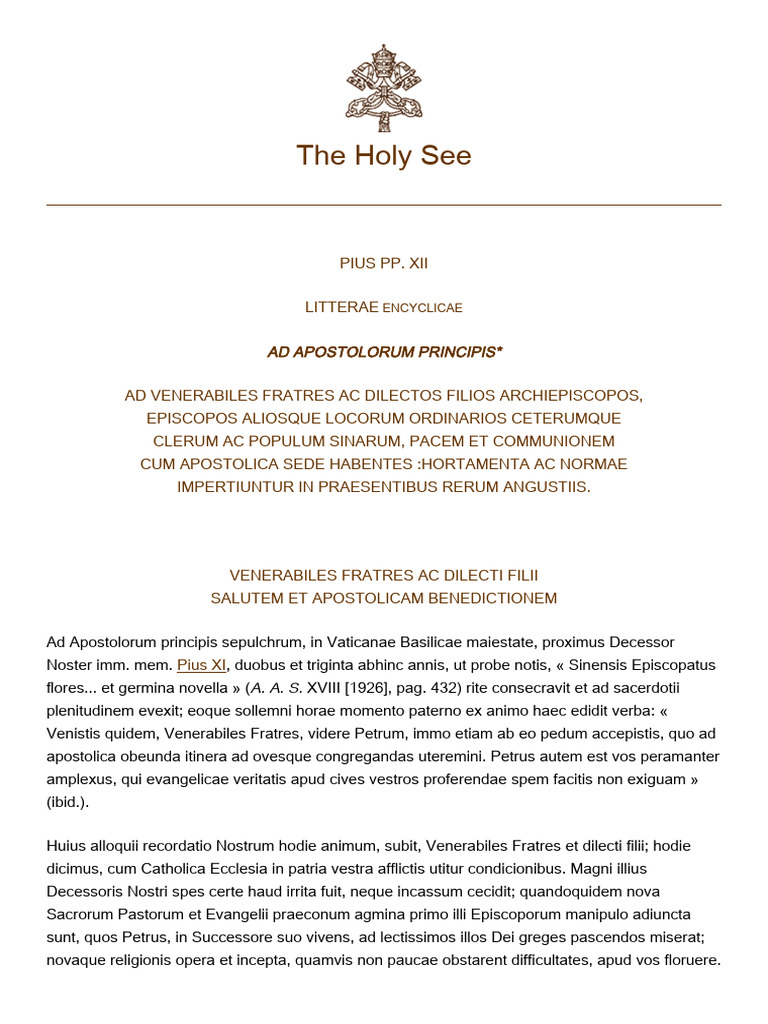 Ad Apostolorum Principis - Pio Xii | PDF