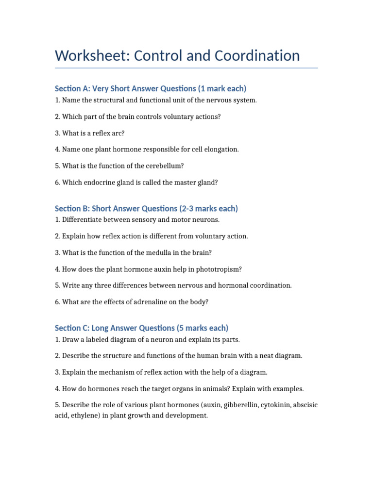 Control and Coordination Worksheet Class10 | PDF