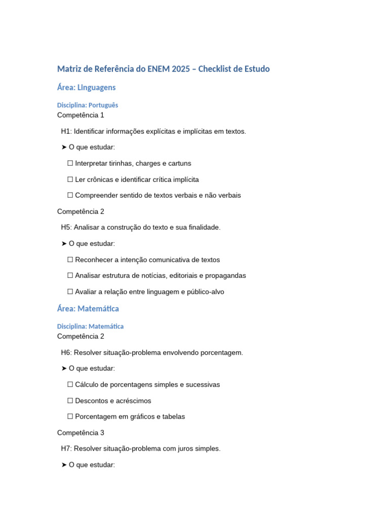 Matriz ENEM 2025 Checklist Estudo | PDF