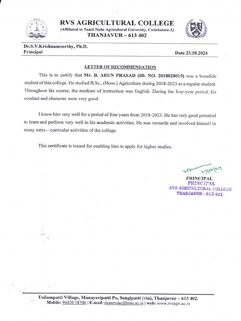 Arun Prasad - LOR | PDF