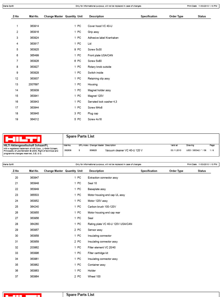 Hilti VC 40-U Vacuum Parts List | PDF | Equipment | Manufactured Goods
