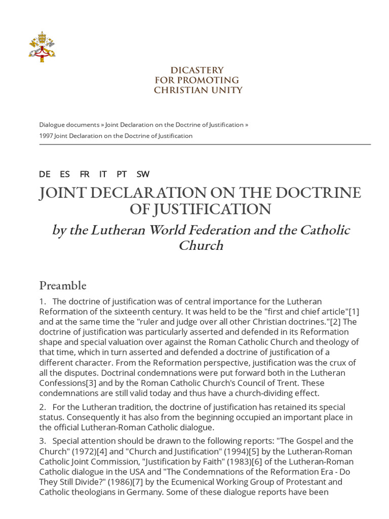 Joint Declaration On The Doctrine of Justification: by The Lutheran ...