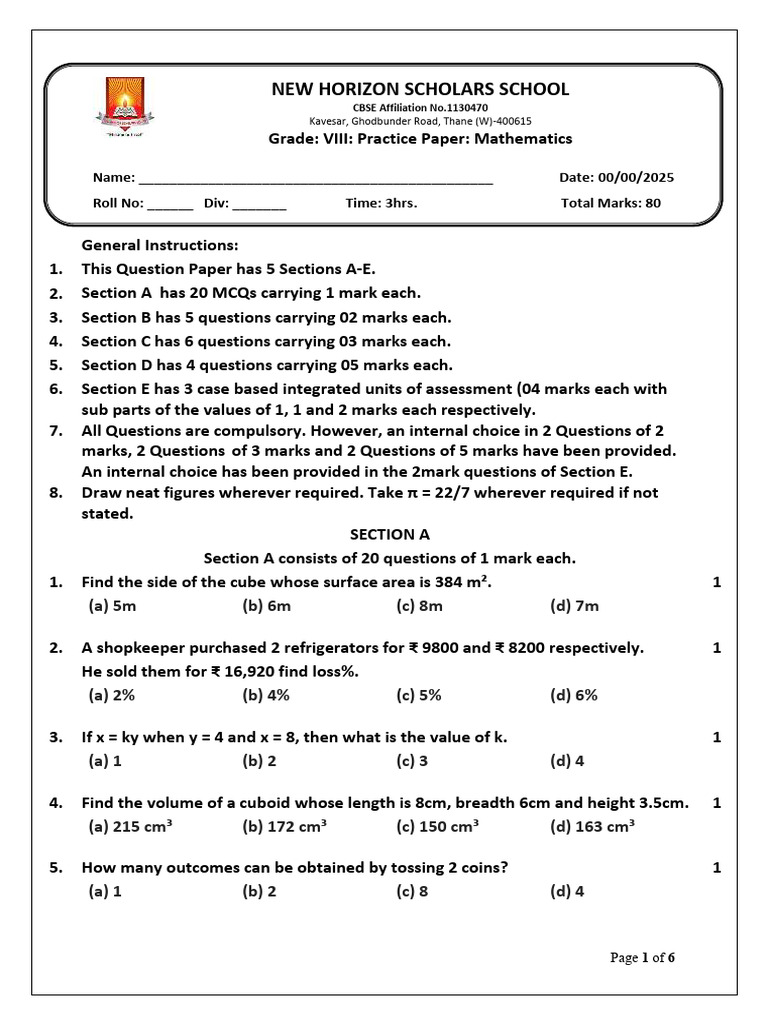 Sample Paper Grade 8 Maths | PDF | Area