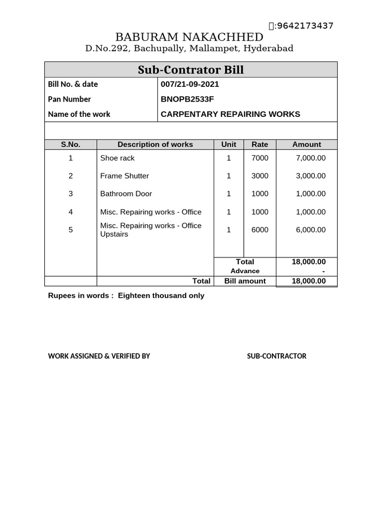 Carpentary Works Bill | PDF