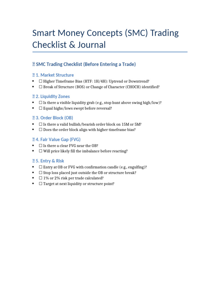 SMC Trading Checklist and Journal | PDF