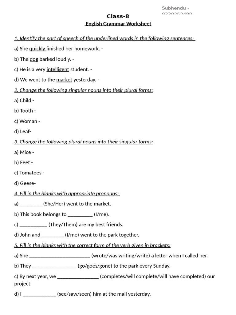 Class 8 Grammar Exercise 2025 | PDF
