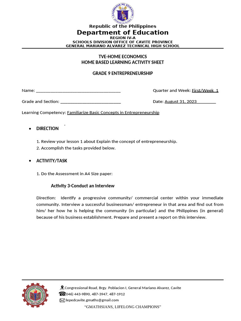 Home Based Activity Sheet August 31 2023 | PDF | Entrepreneurship | Cognition