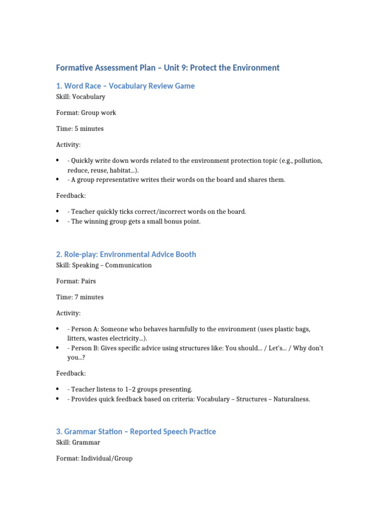 Formative Assessment Plan Unit9 English | PDF | Vocabulary | Human Communication