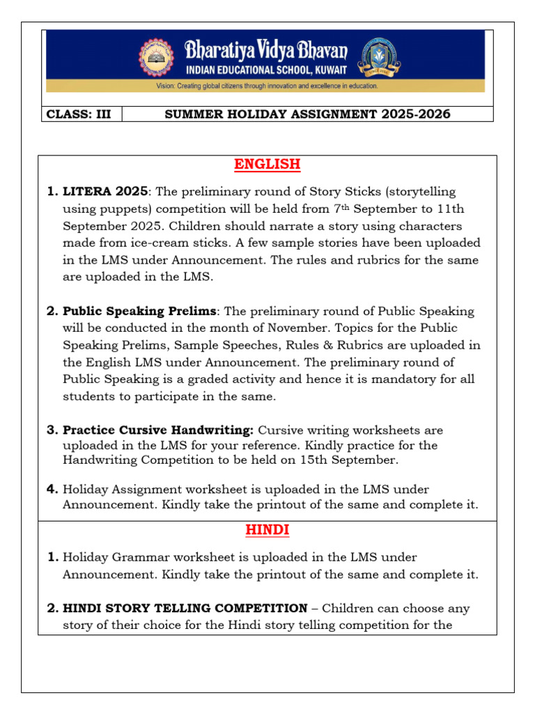 Class III Holiday Assignments 2025-2026 | PDF