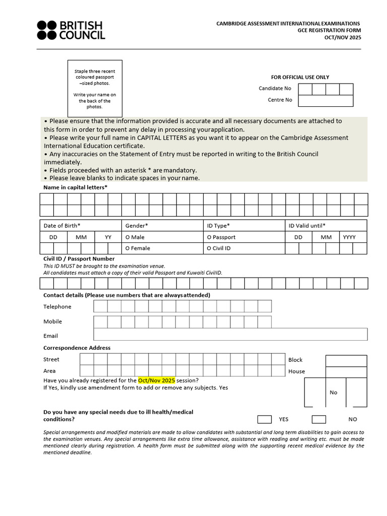 Cambridge-Gce Reg Form Nov 2025-Final | PDF | Information And ...