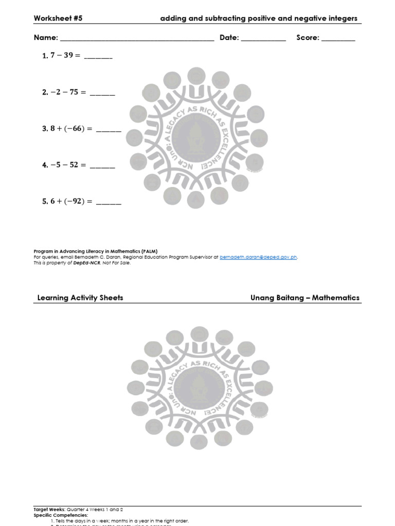 WS5 (Adding and Subtracting Positive and Negative Integers) | PDF