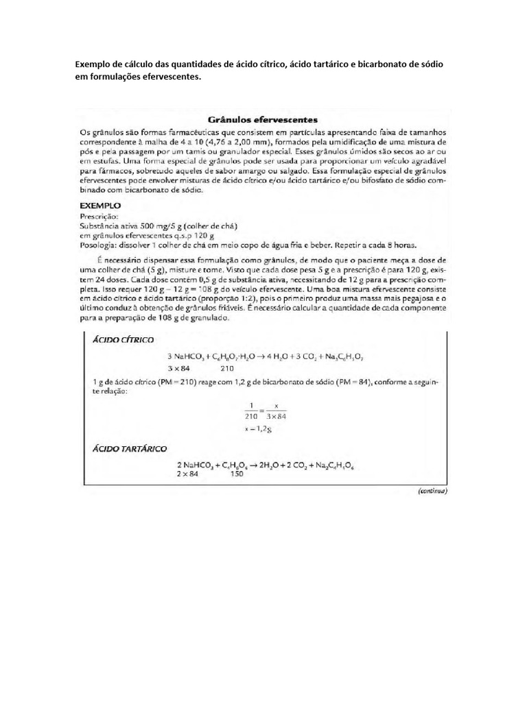 Exemplo de Cálculo a Cítrico a Tartárico e Bicarbonato Em Formulações | PDF