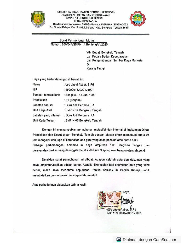 Surat Permohonan Mutasi | PDF