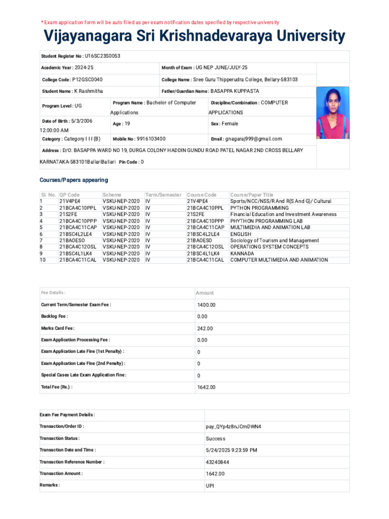 Rashmi 4th Sem Exam Fees | PDF | Services (Economics) | Service Industries