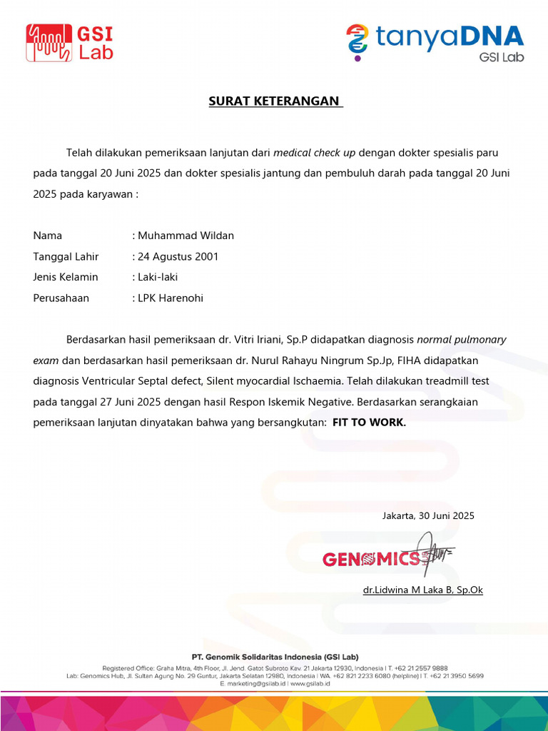 Surat Keterangan Fit To Work Muhammad Wildan | PDF