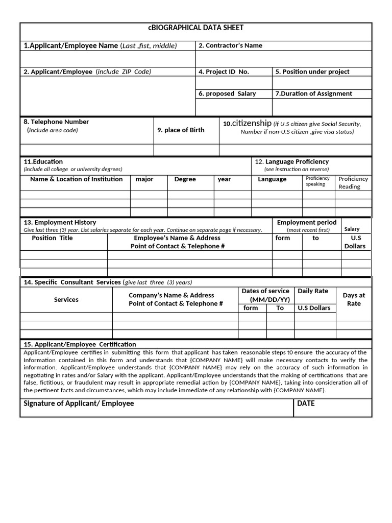 Biographical Data Sheet | PDF | Employment