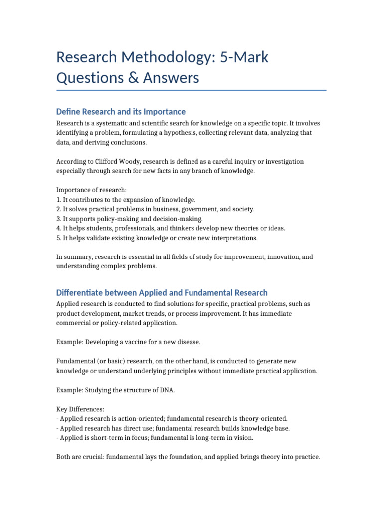 Research Methodology 5 Mark Answers | PDF | Scientific Method | Knowledge