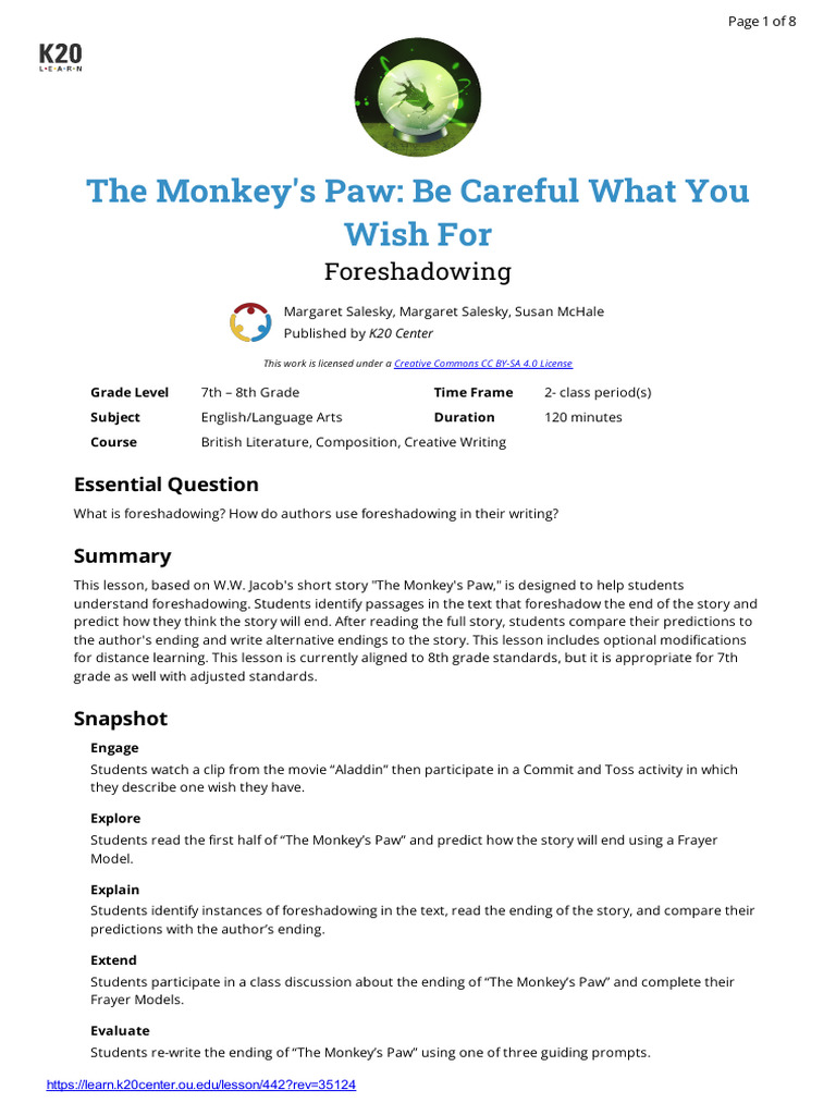 Foreshadowing in "The Monkey's Paw" | PDF | Learning | Human Communication