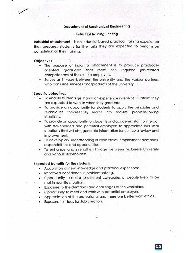 Industrial Training Briefing Handout For Year 2 Semester Two | PDF